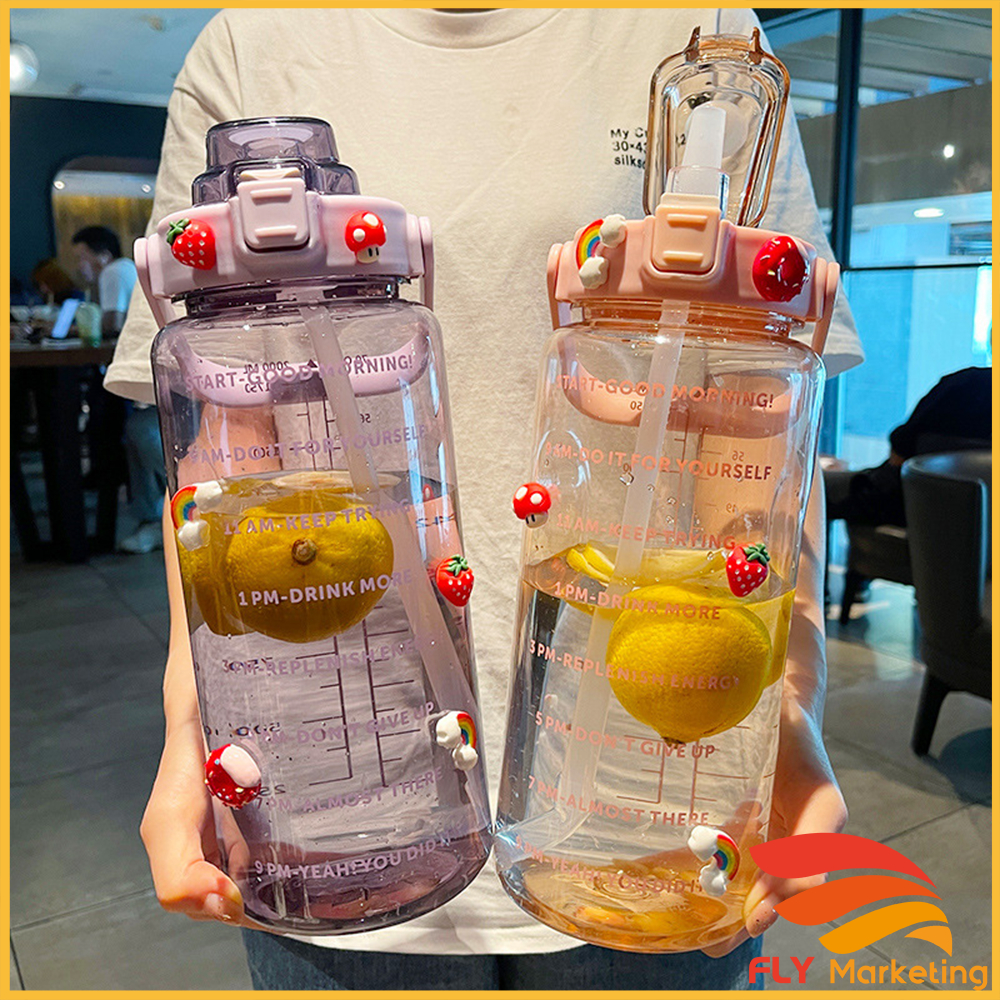 2000ml Reminder water bottle with straw scale big bottle 2Liter gym bottle sport water bottles ...