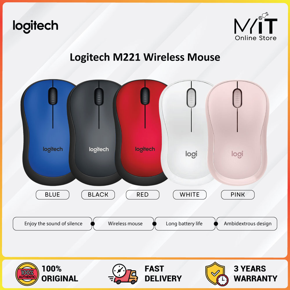 Logitech M221 Wireless Mouse, Silent, 2.4 GHz, PC/Mac/Laptop - (Charcoal, Blue, Red, White, Rose ...