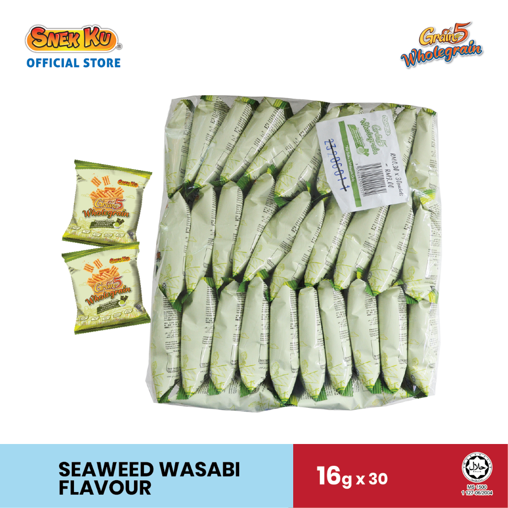 Snek Ku Grain5 Wholegrain Seaweed Wasabi Flavoured Snacks (16g x 30 ...