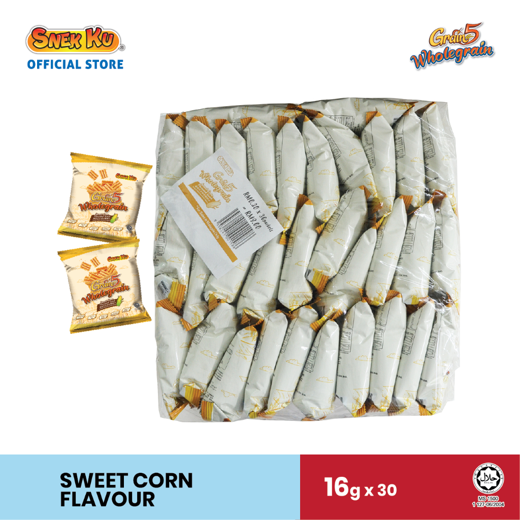 Snek Ku Grain5 Wholegrain Sweet Corn Flavoured Snacks (16g x 30 pkts ...