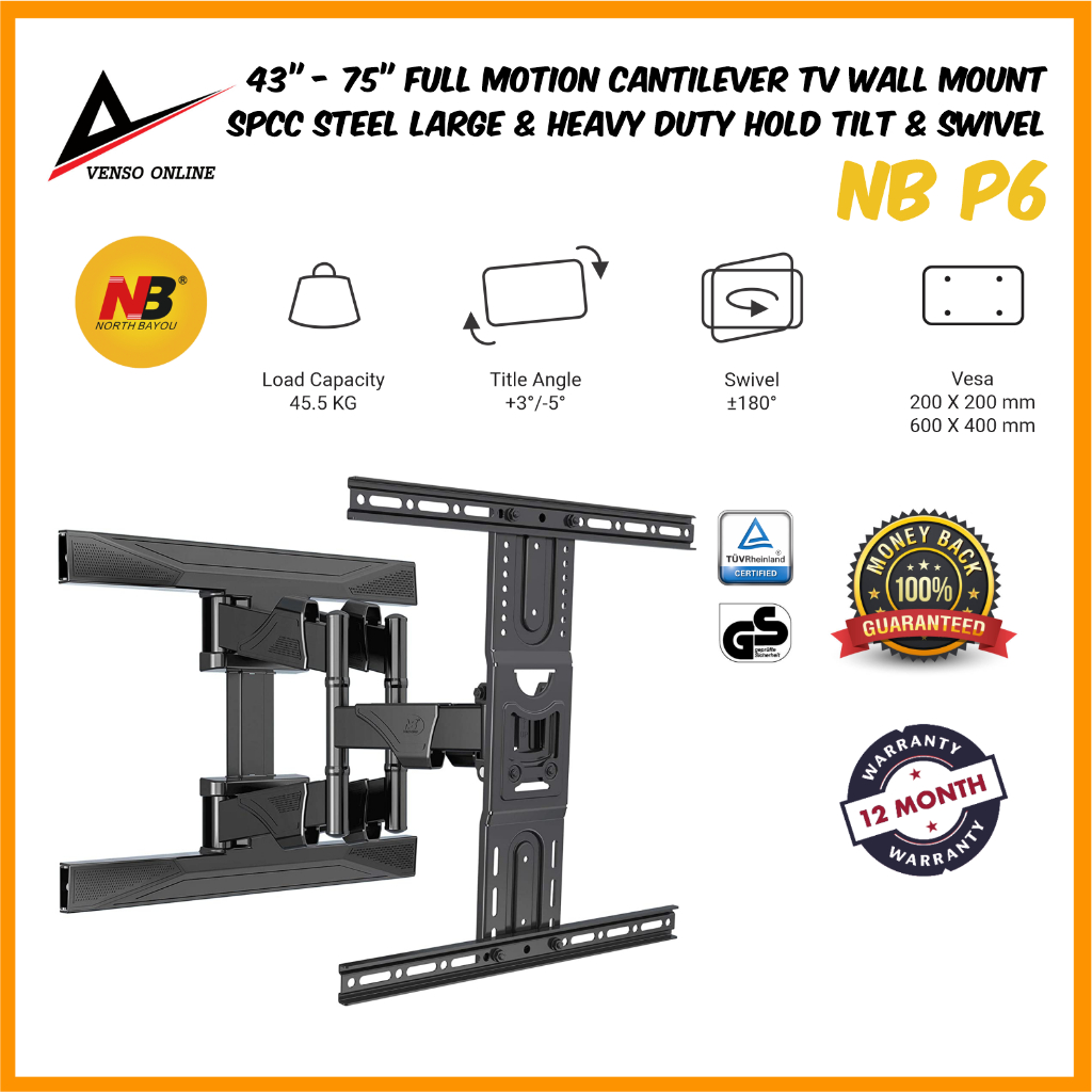 NB North Bayou P6 45 to 75 inch Full Motion Cantilever TV Wall Mount bracket Large & Heavy Duty ...