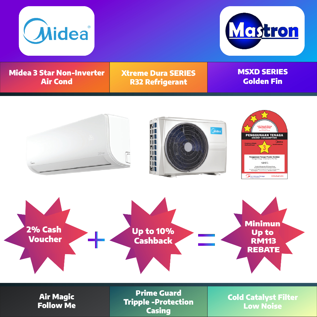 Midea R32 Non-Inverter Xtreme Dura Air Conditioner AC Midea 1HP 1.5HP 2HP 2.5HP MSGD-09CRN8 ...