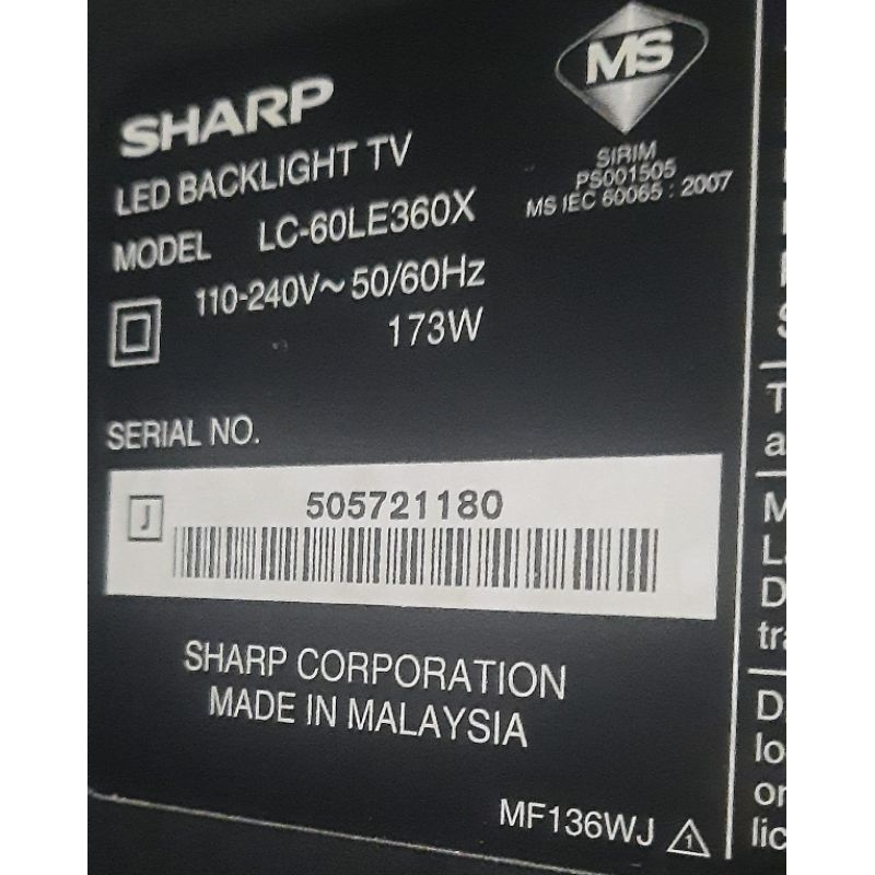 Tv Sharp 60in Model: LC-60LE360X | Shopee Malaysia