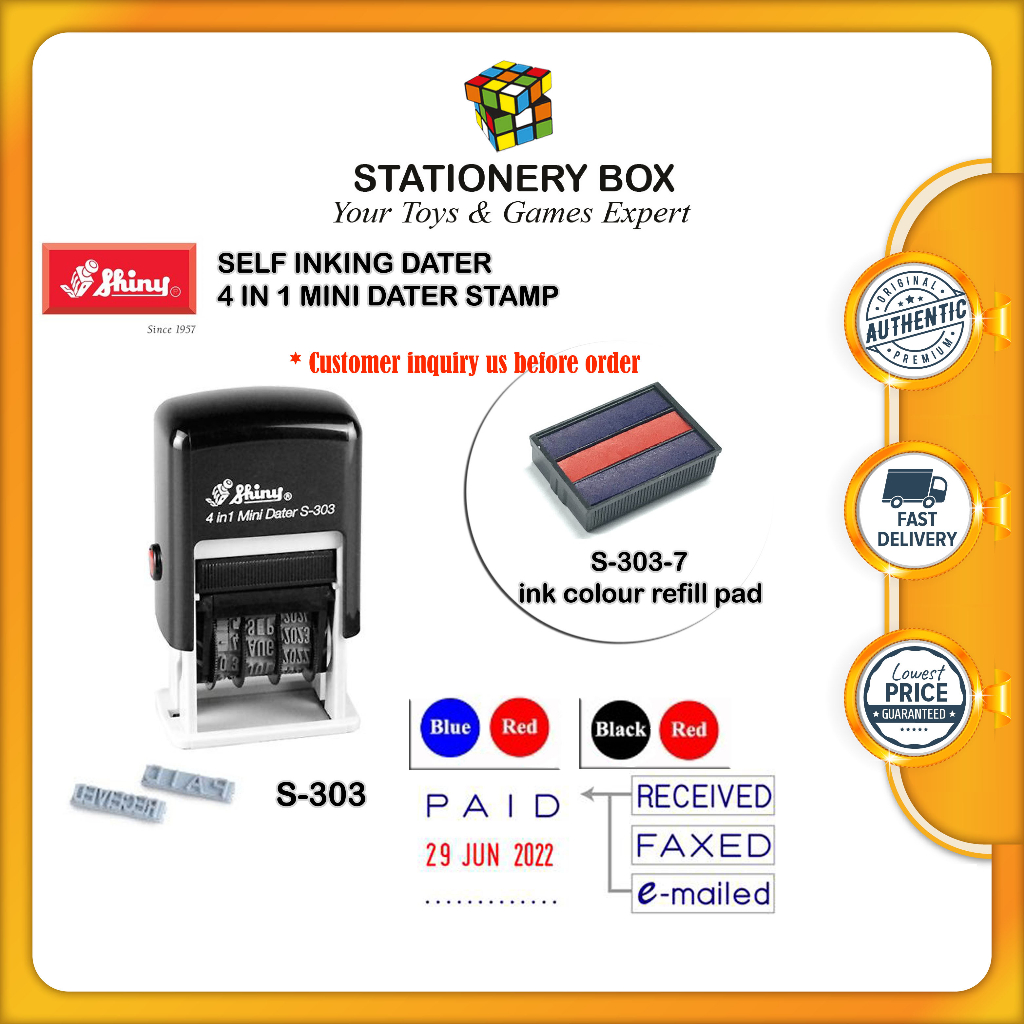 Shiny Self Inking Stamp - 3mm height (4 In 1 Mini Dater -PAID RECEIVED EMAILED)(S-303) & Ink ...