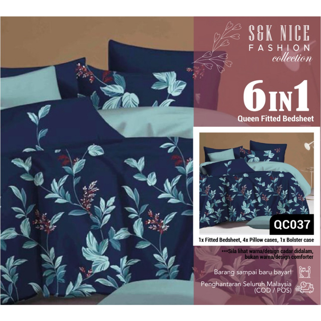 LIVE ** 6 IN 1 SET CADAR QUEEN CORAK BEDSHEET SET QUEEN SIZE COTTON ...