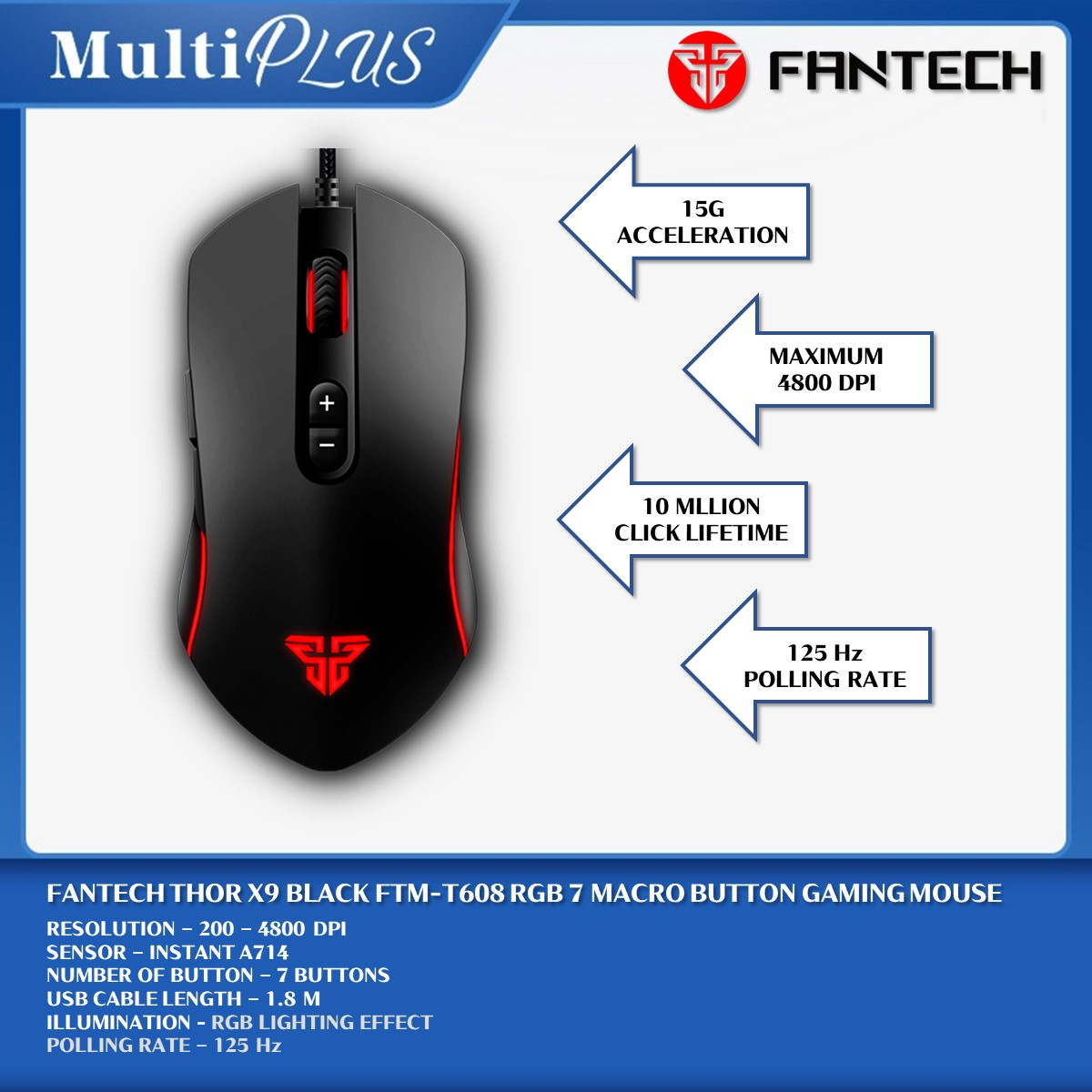 FANTECH THOR X9 BLACK FTM-T608 RGB 7 MACRO BUTTON GAMING MOUSE | Shopee ...