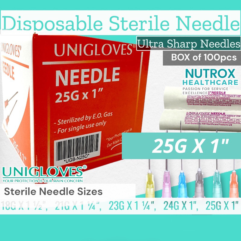 Unigloves Sterile Needle Box of 100pcs Size 18G X 1 ½", 21G X 1 ¼", 23G ...