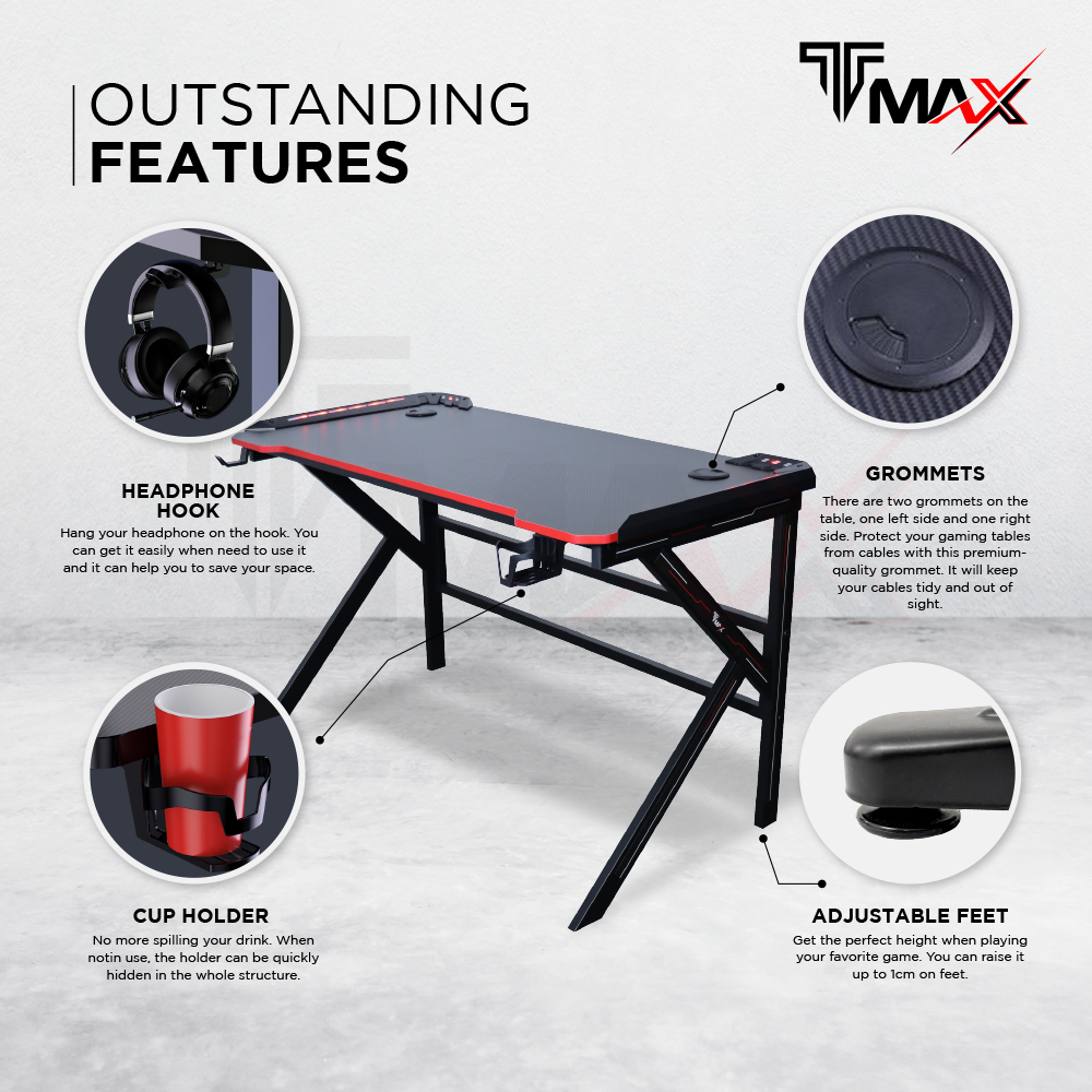TMAX L120/140cm K-shaped Gaming Table Gaming Desk With RGB Lighting ...