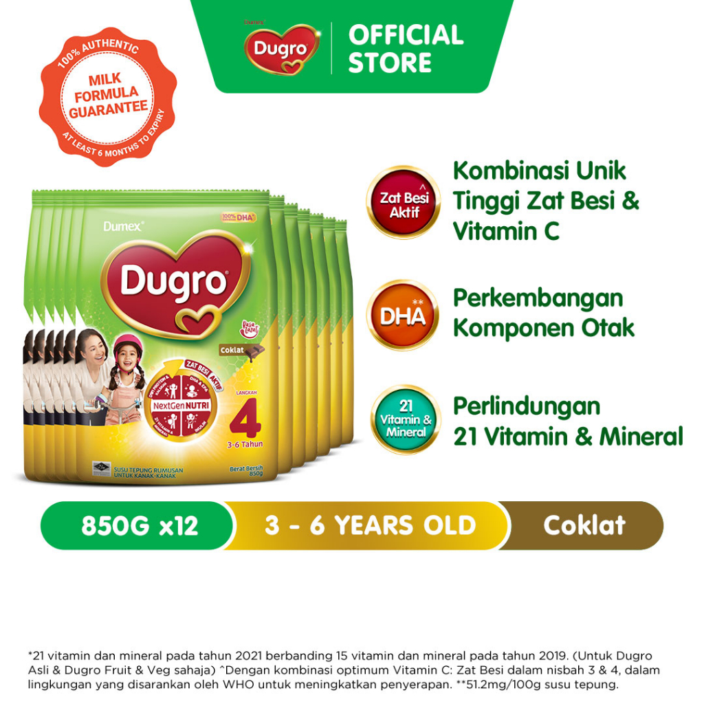 Dumex Dugro Step 4 Chocolate Growing Up Milk Formula 3-6 years (850g x ...