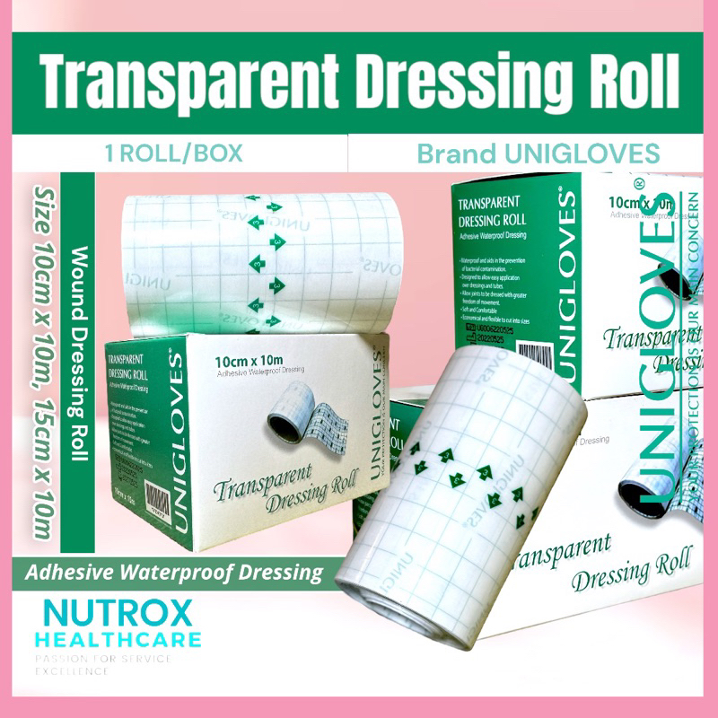 UNIGLOVES WATERPROOF TRANSPARENT DRESSING ROLL Adhesive Dressing 10cm x ...