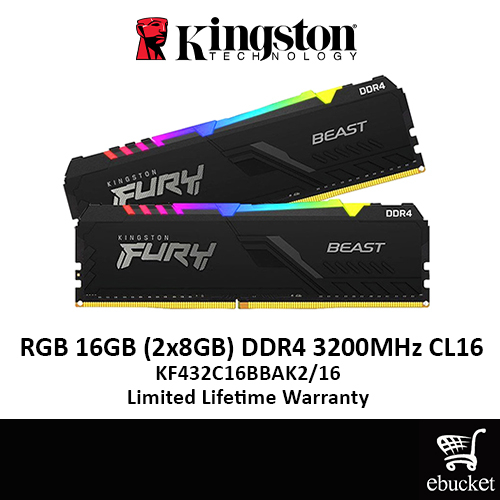 [EOL] Kingston FURY Beast RGB 16GB (2x8GB) DDR4 3200MHz CL16 Memory RAM - KF432C16BBAK2/16 ...