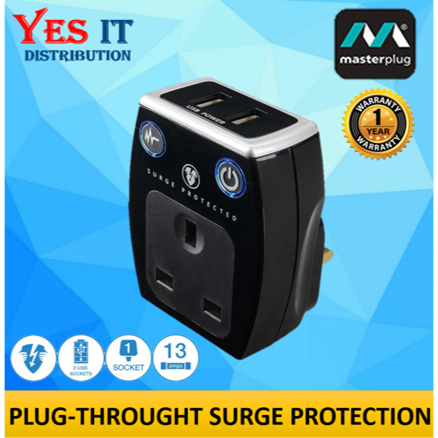 Masterplug Surge Protector 1 Gang 2 USB 3.1A Power Adaptor Safety ...