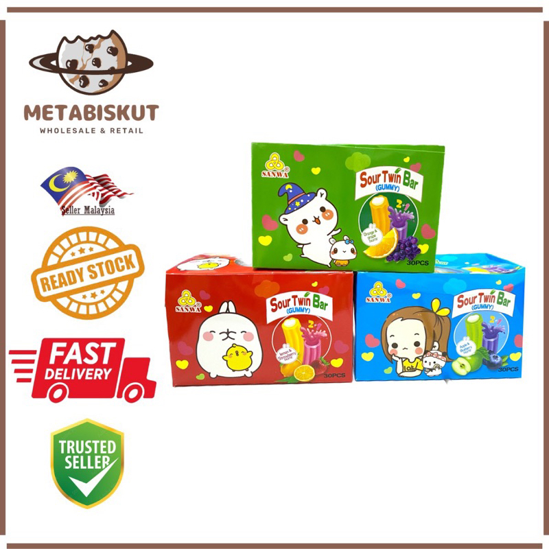 SANWA SOUR TWIN BAR FRUIT FLAVOURED GUMMY (3 MIX FLAVOURS) (30PCS ...