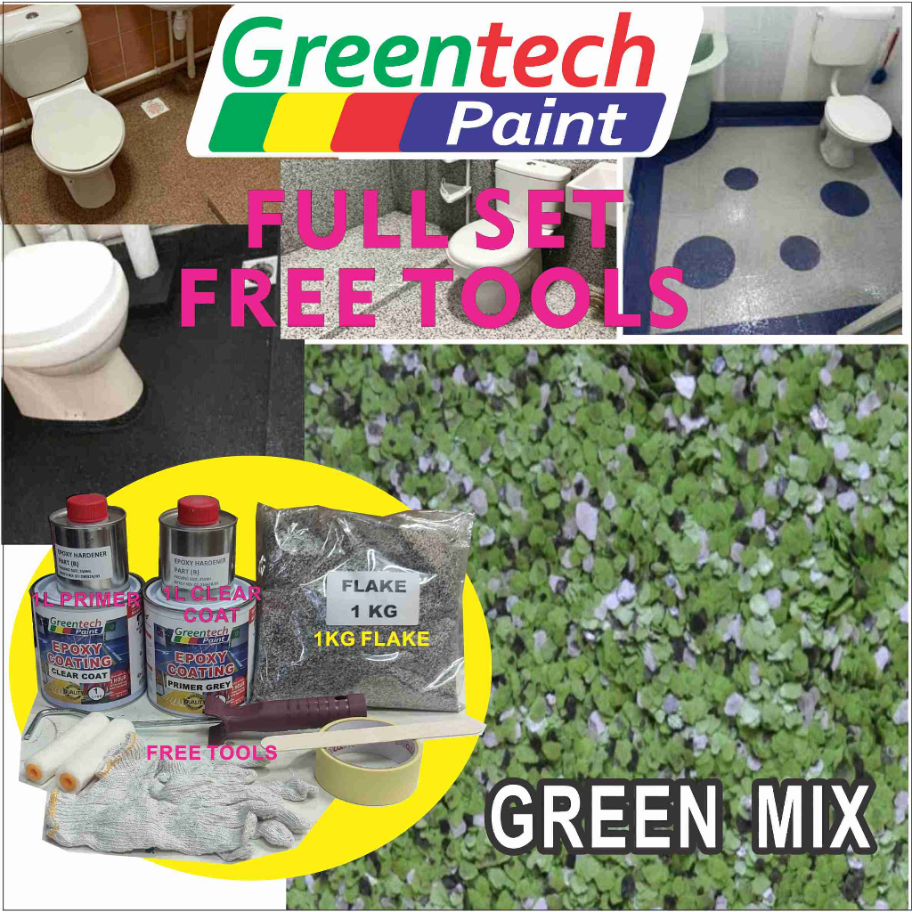 FULL SET ( GREENTECH ) Epoxy Colour Flake Coating Toilet Floor Tile Waterproof (FREE TOOL/1L ...