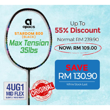 APACS Stardom 800 (Black) Badminton Racket - 4UG1 Max Tension 35LBS ...