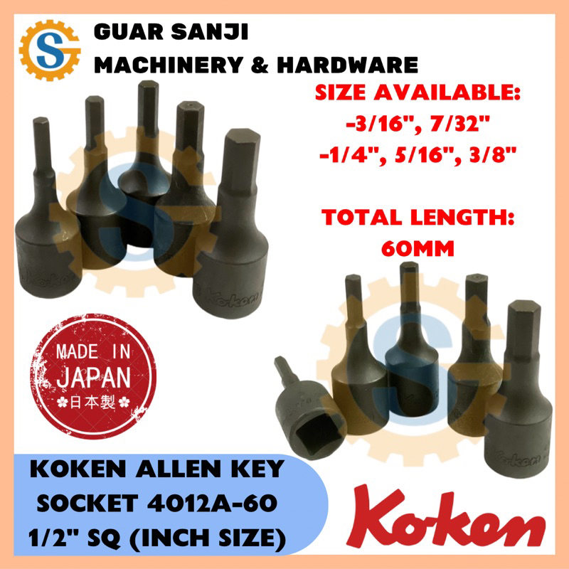 KOKEN 4012A-60 ALLEN KEY SOCKET INCHES SIZE 1/2” SQUARE (3/16” 7/32” 1/ ...