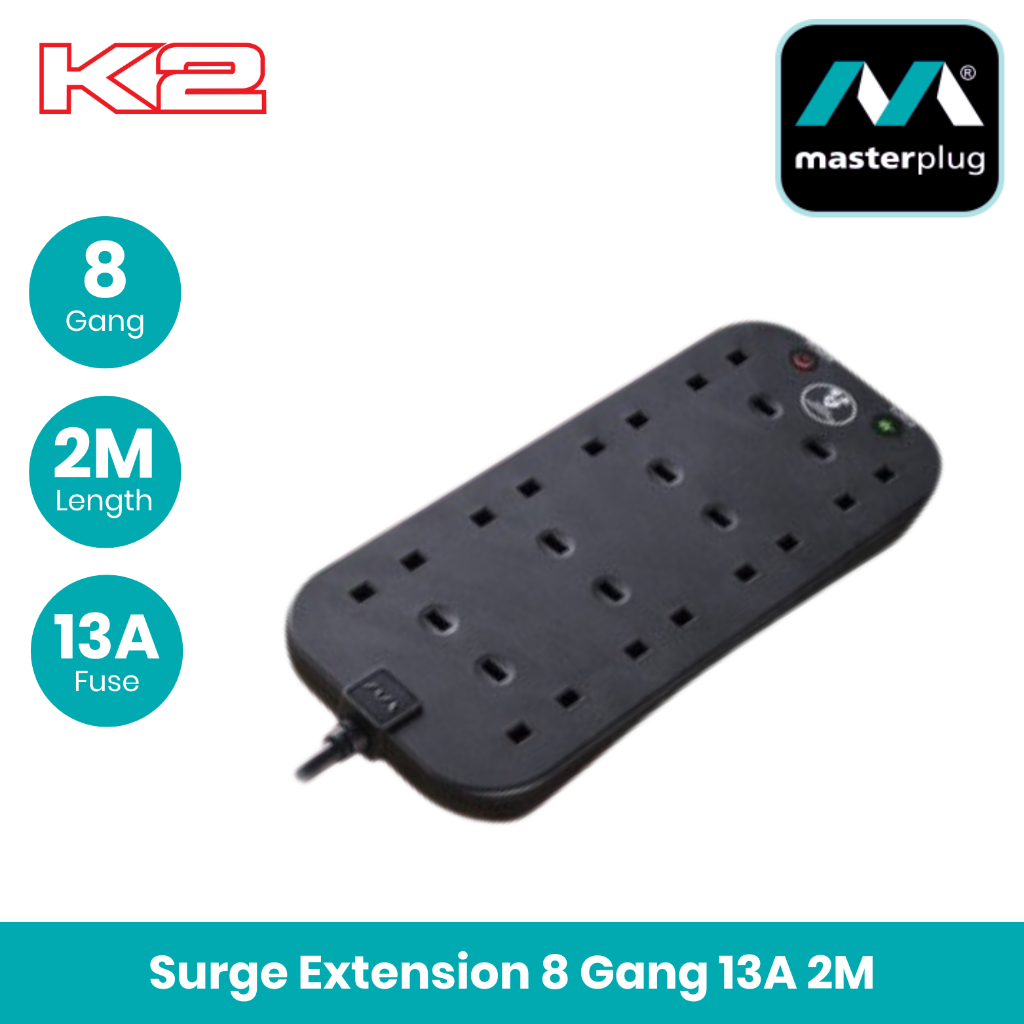 MASTERPLUG Surge Protection 8 Gang 2 Meter 13A Extension Leads Safety ...