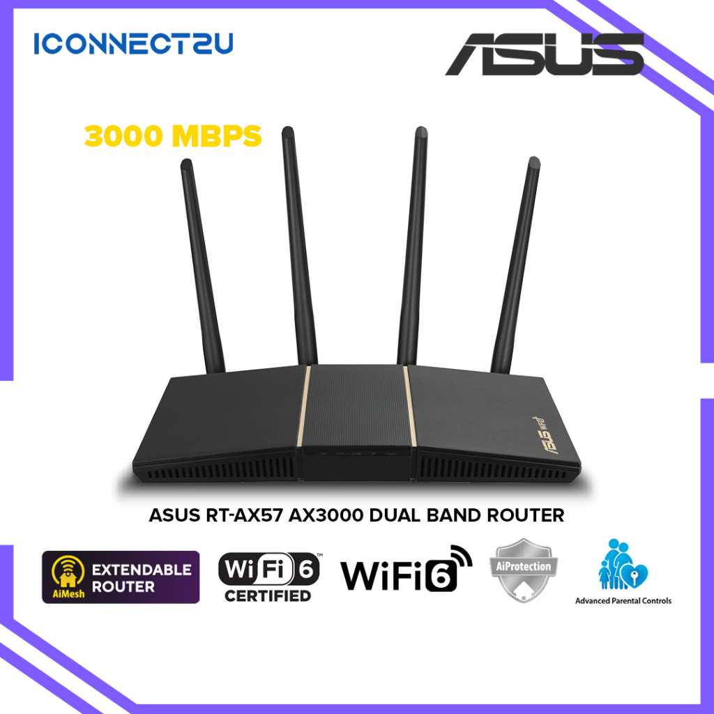 Asus RT-AX57 (AX3000) 1024 QAM 3000MBPS Dual Band WiFi 6 Free Network ...