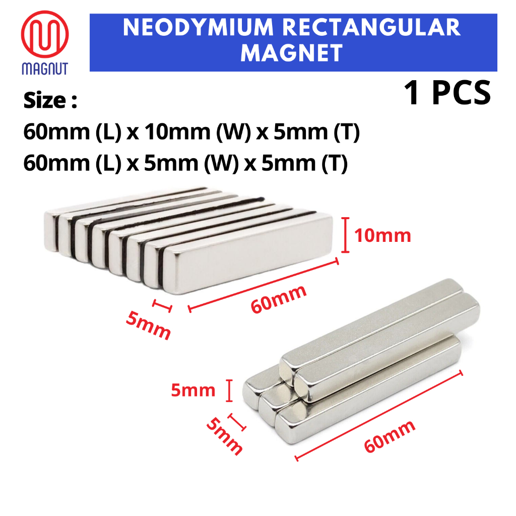 1pcs - 60mm x 10mm x 5mm / 60mm x 5mm x 5mm Rare Earth Neodymium Rectangular Magnet | Shopee ...