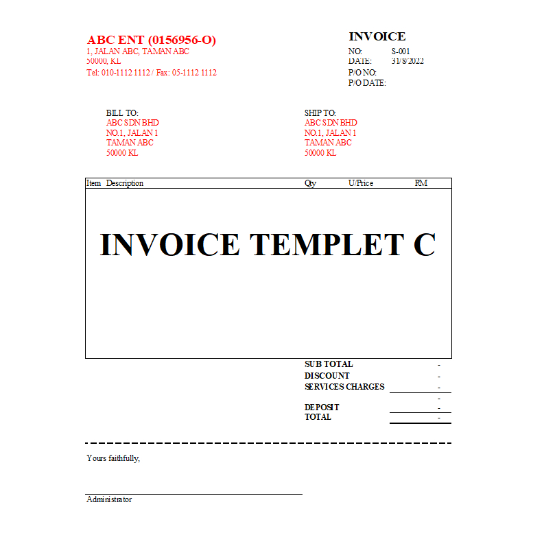 INVOICE TEMPLATE C (EXCEL FORMET) | Shopee Malaysia
