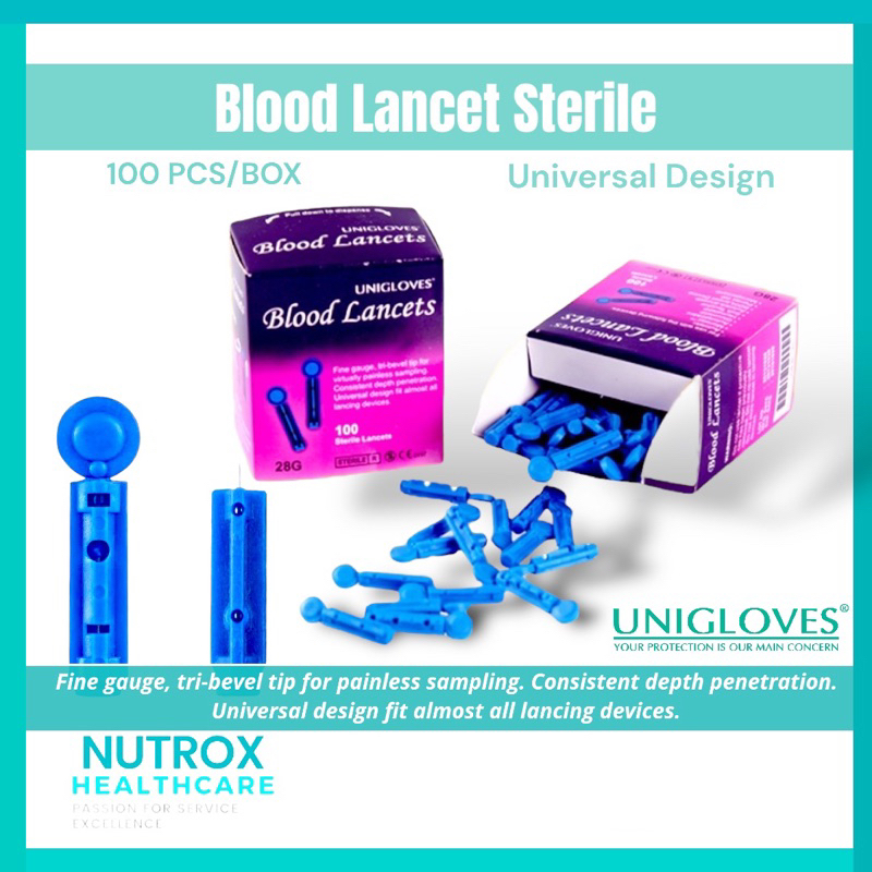 UNIGLOVES Blood Lancet Sterile(1 BOX)(100pcs), Fine gauge 28G, tri ...