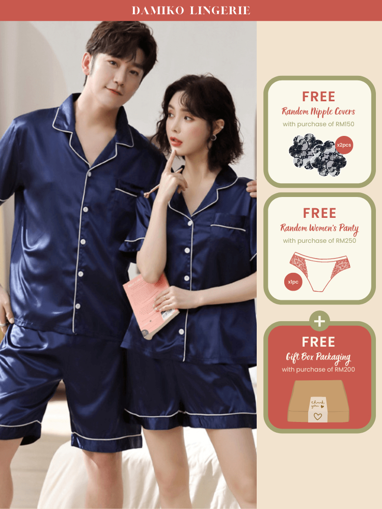 DAMIKO | CP01 Couple Satin Pyjamas Set - Navy Blue | Shopee Malaysia