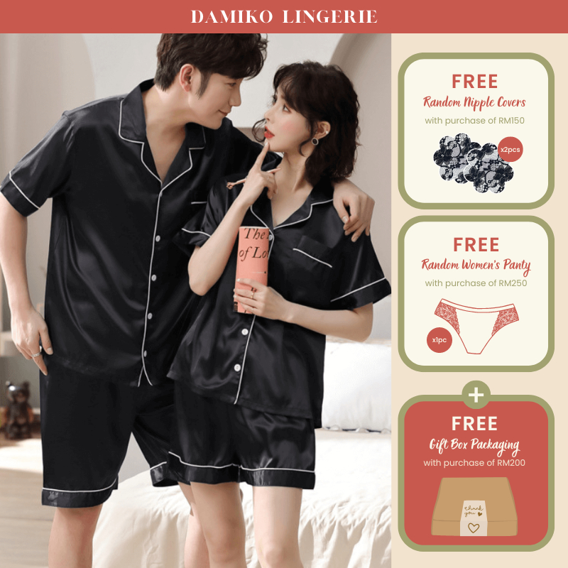 DAMIKO | CP01 Couple Satin Pyjamas Set - Black | Shopee Malaysia