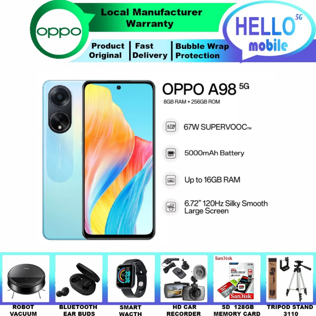 OPPO A98 | 5G 💥: 16GB (8GB+8GB)Extended RAM💥Rear Camera: 64MP + 2MP ...