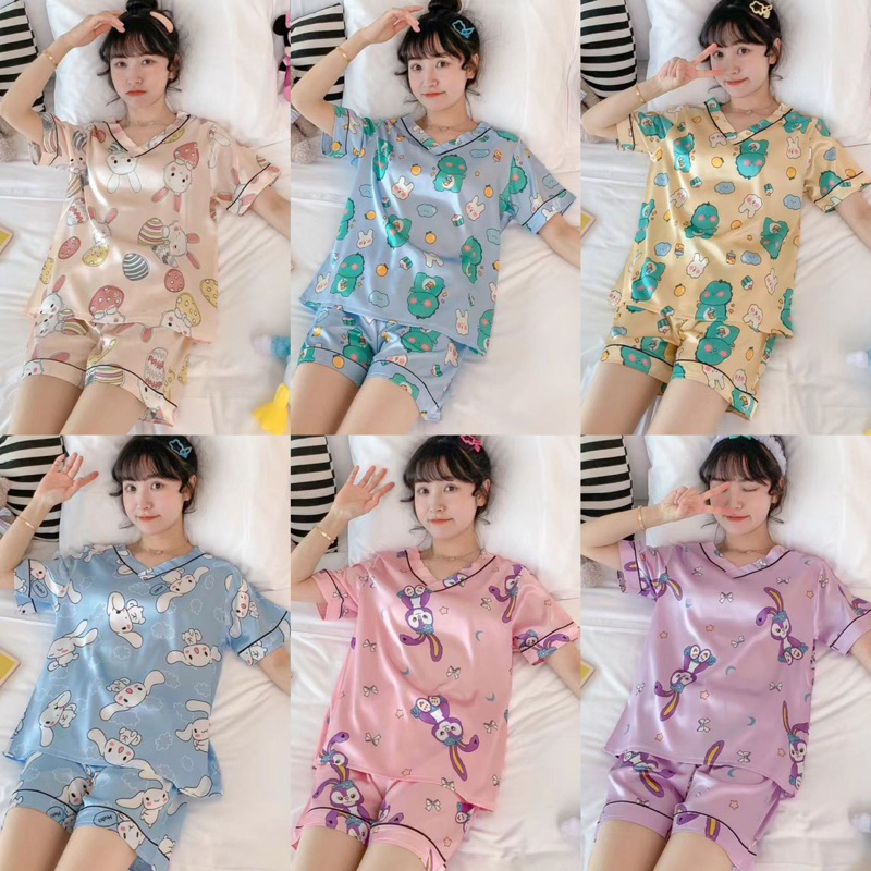 【Ready Stock】Female Comfy Silk women's Pyjamas Short Sleeve Sleepwear V ...