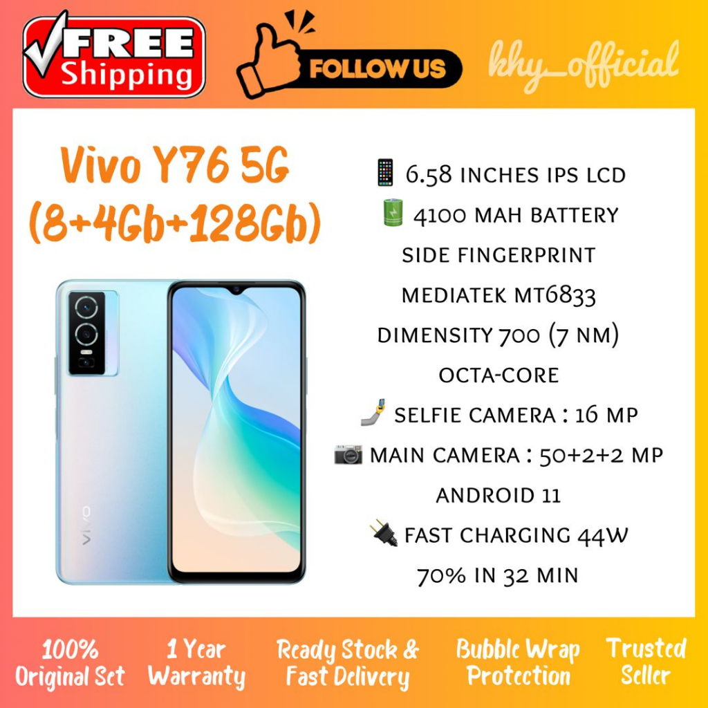 New Smartphone Original Vivo Y76 5g [ 8+4Gb Ram+128Gb Rom | 44w FlashCharge | 50MP AI Triple ...