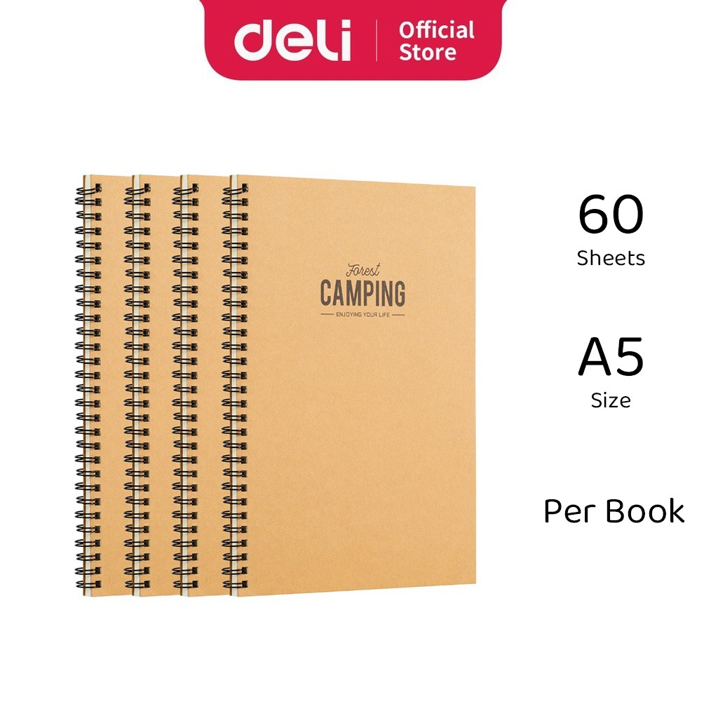 Deli Notebook ELA560 Brown Camping Series Spiral Book A5 60 Sheets Books Stationery [Per Book ...