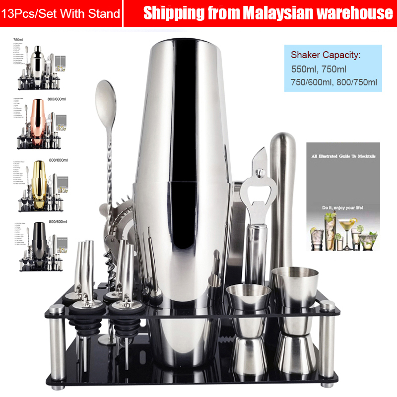 13-Piece 750ml/600ml Boston Cocktail Shaker With Stand Black Shakers ...