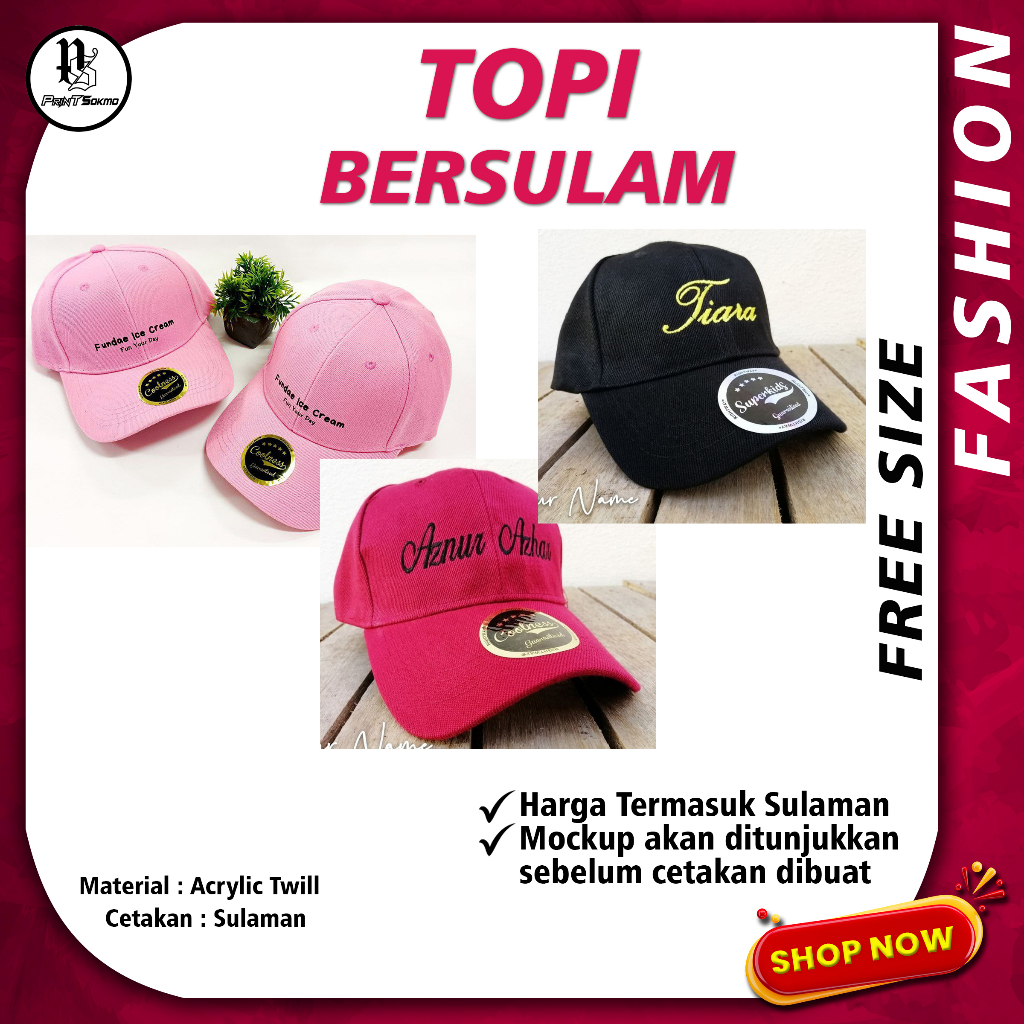 TOPI DENGAN SULAMAN NAMA 💥 CAP WITH EMBROIDERY 💥 SAIZ DEWASA DAN KANAK ...