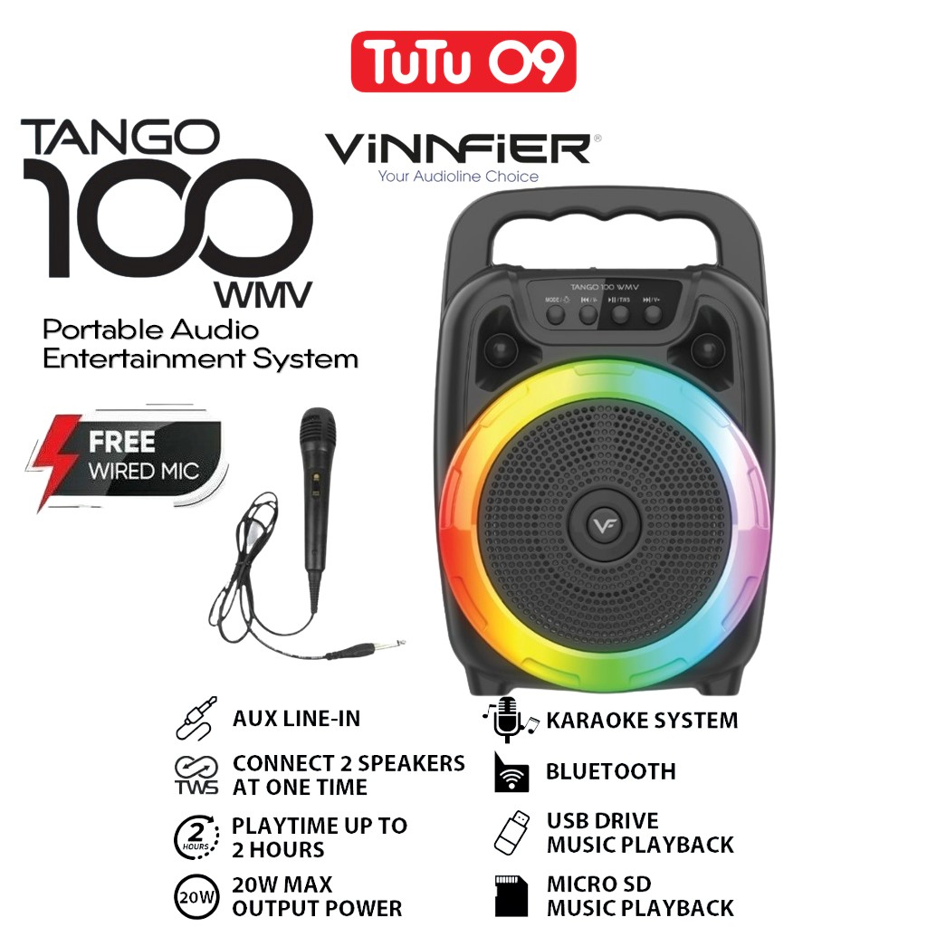 Vinnfier Tango 100 WMV 2023 Bluetooth Karaoke Portable Speaker AUX USB TWS MICRO SD | Shopee ...