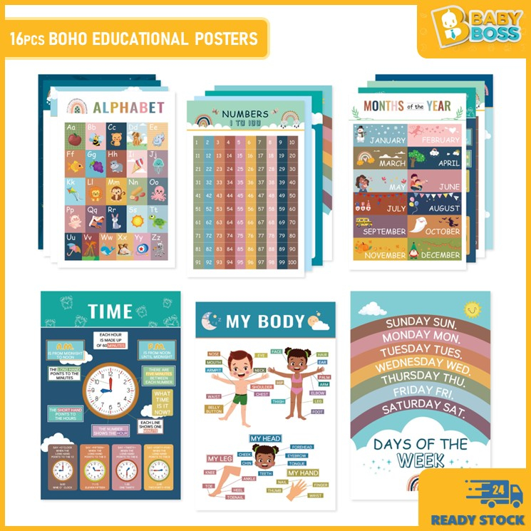 BabyBoss 16 Boho Educational Posters For Toddlers Home Classroom ...