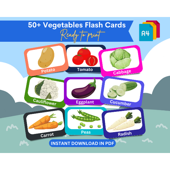 50+ Vegetables Flashcards PDF Soft Copy Printable, Vegetables ...