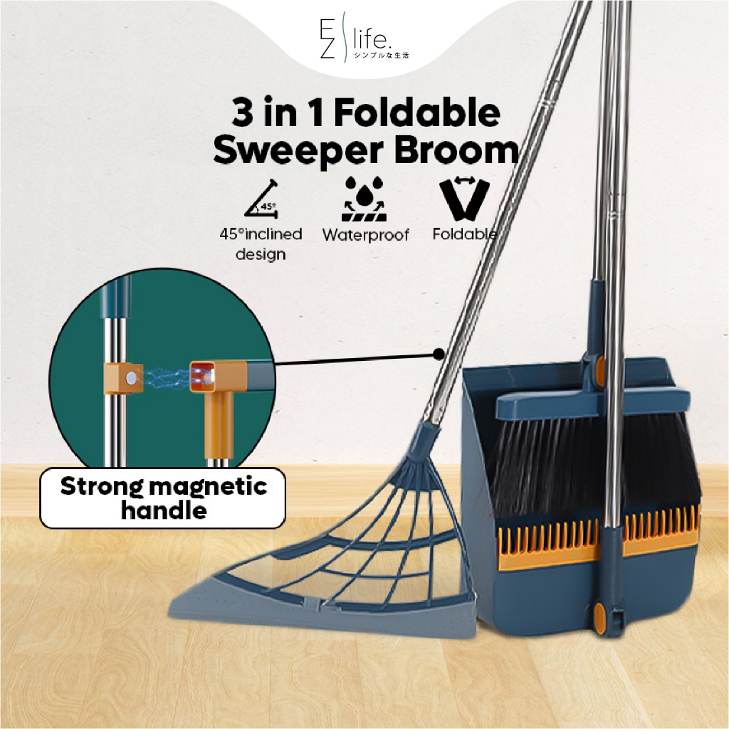 EzLife 3 in 1 Foldable Sweeper Broom&Dustpan Set Magic Broom Dry&Wet Floor Multipurpose Cleaning ...