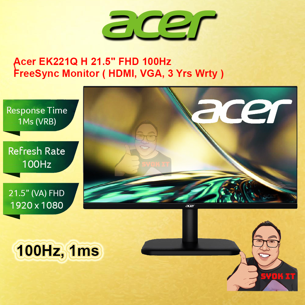 ACER Acer EK221Q H 21.5" FHD 100Hz FreeSync Monitor HDMI, VGA, 3 Years ...