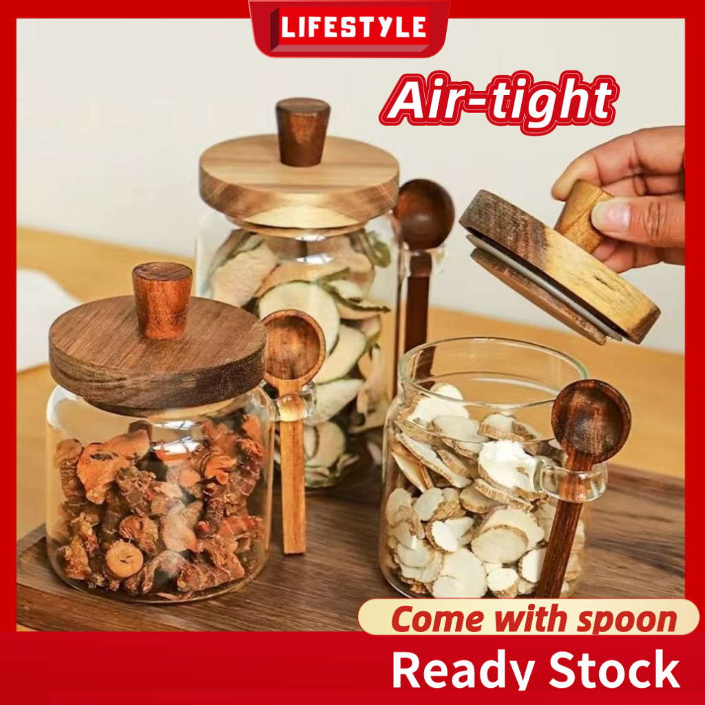 LIFESTYLE 🎁Free Gift🎁 Wooden Lid Glass Jar Set Spoon Airtight Spice ...