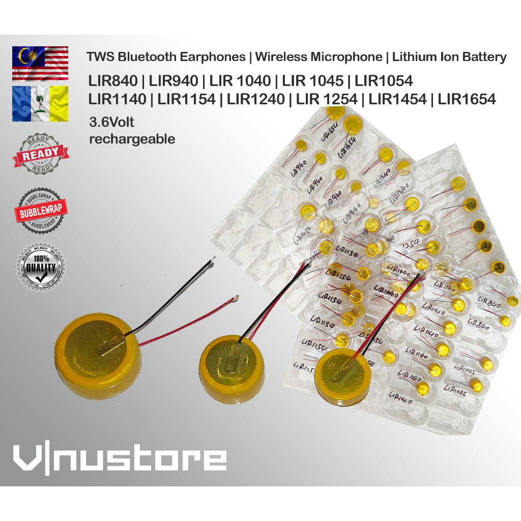 3.6V Rechargeable Li-ion Battery for TWS Bluetooth Earphones | LIR1054 ...