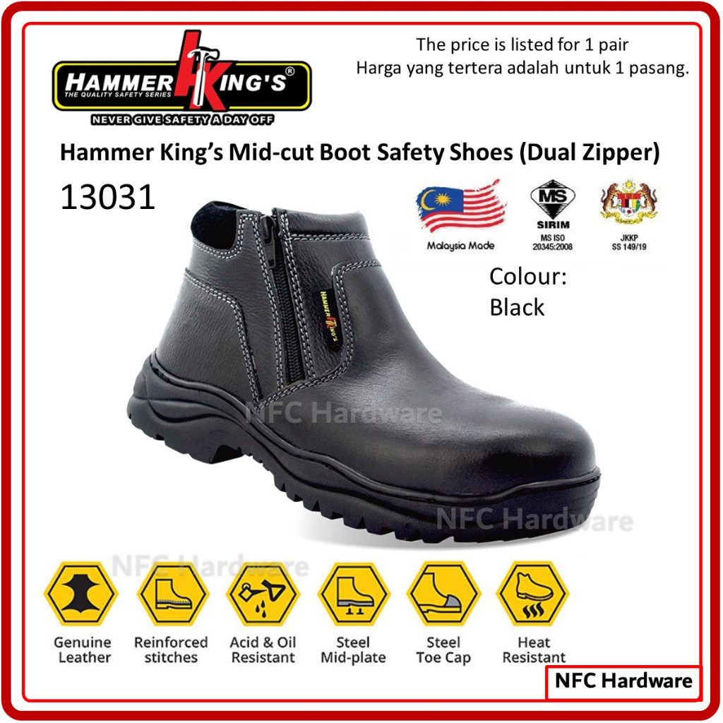HAMMER KING'S 13031 Mid-cut Boot Safety Shoes Black (Dual Zipper ...