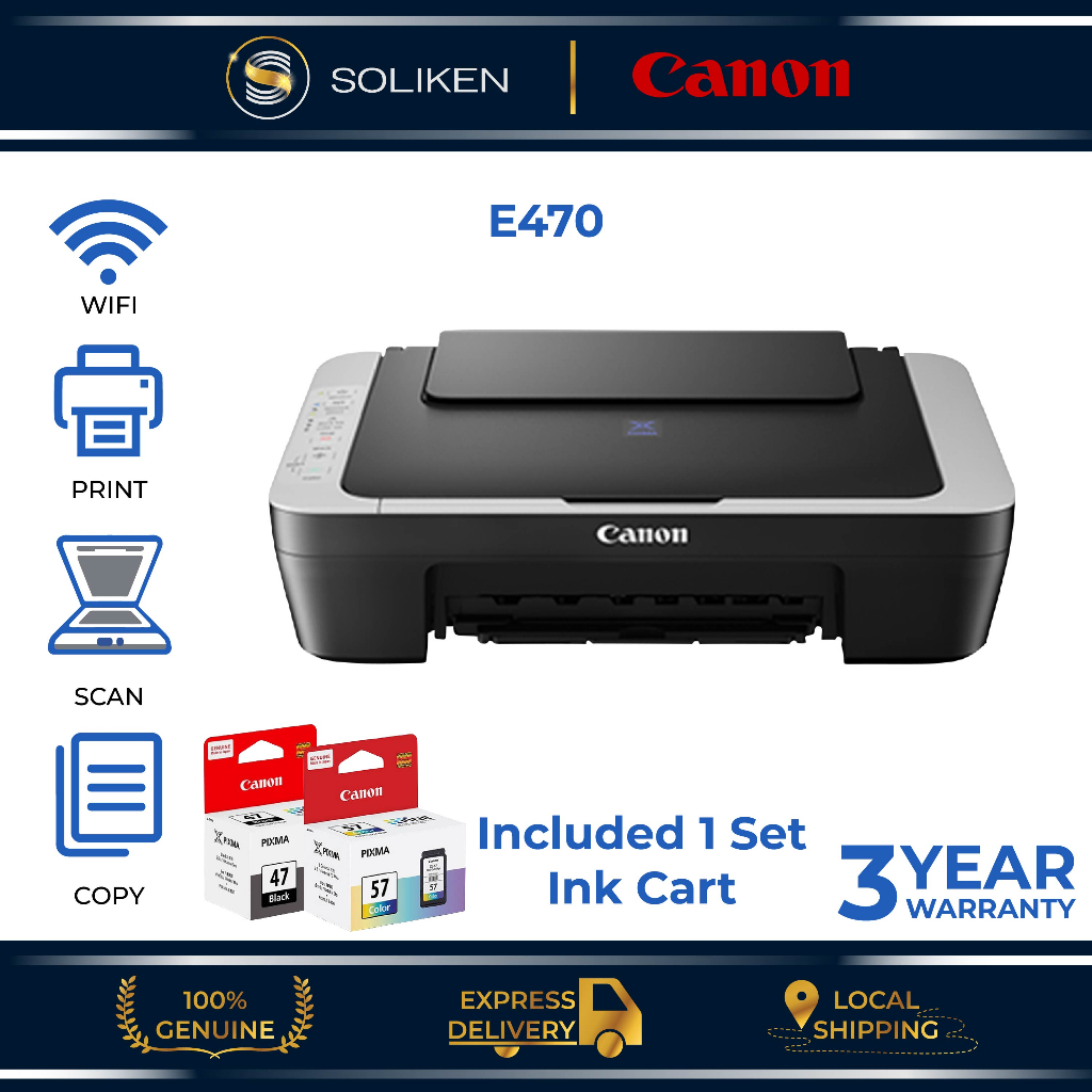 Canon Pixma E470 3 in 1 Inkjet Wifi Printer Black Print Scan Copy Canon ...