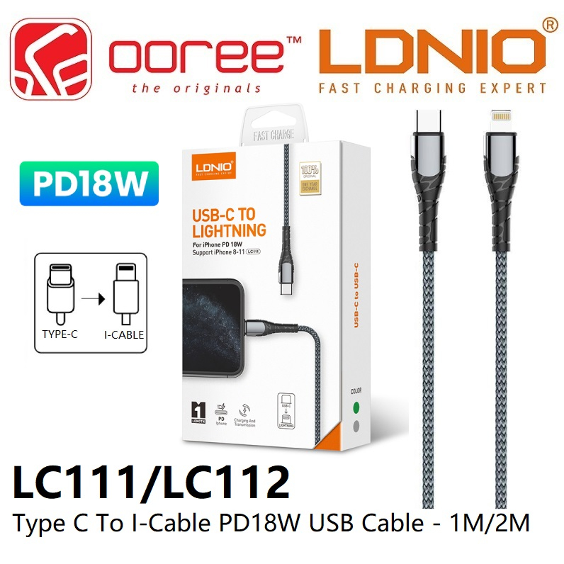 LDNIO LC111 / LC112 18W PD FAST CHARGING / DATA CABLE TYPE C TO I-CABLE 1 METER / 2 METER - GREY ...
