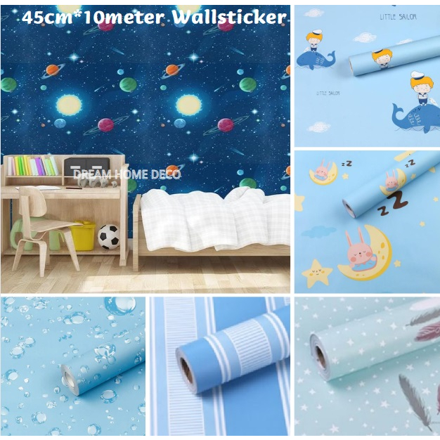 45cm x 10m Kertas Dinding Biru - Pelekat Kartun Comel | Self-Adhesive ...