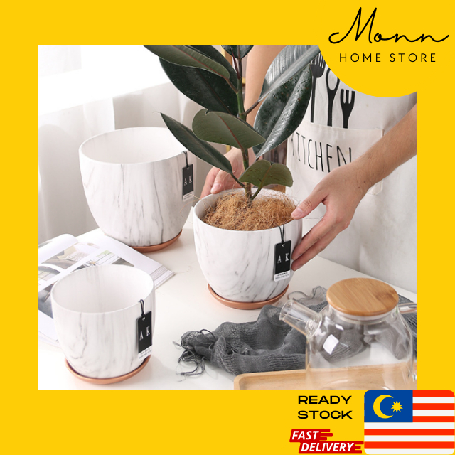 [READY STOCK] MONN Norwegian Big White Gre Marble Round Ceramic Pot for ...