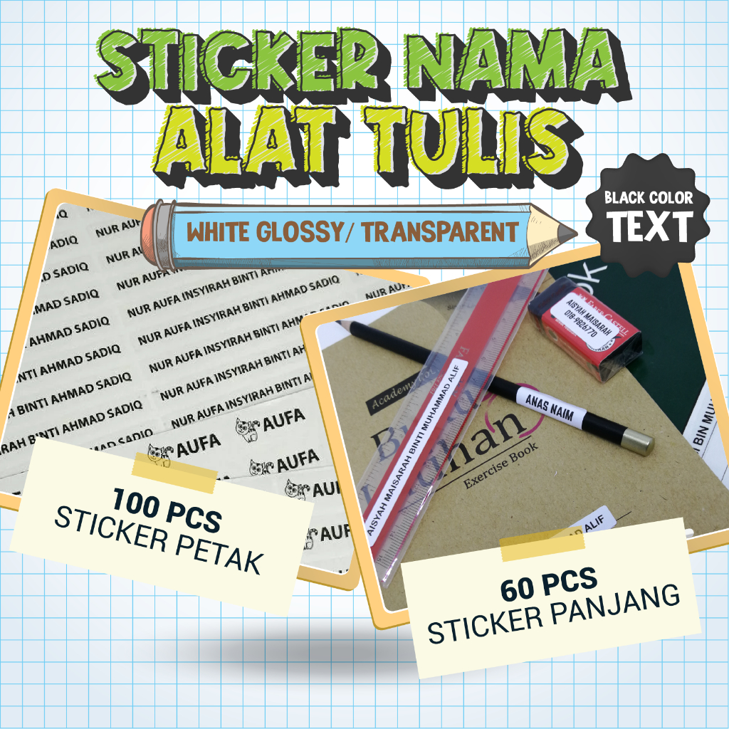 STICKER NAMA ALAT TULIS (BLACK INK) - TRANSPARENT ATAU WHITE GLOSSY (60 ...