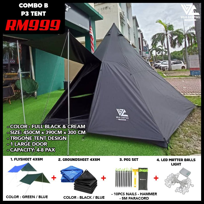 VELOCITY Waterproof Tent Teepee Combo Set Combo Khemah Besar Set Large ...
