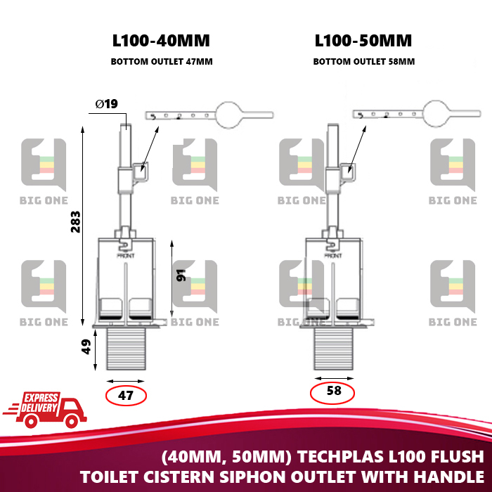 (WITH HANDLE) TECHPLAS L100 40MM / 50MM LEVER FLUSH SIPHON CISTERN OUTLET REPLACEMENT PART FOR ...