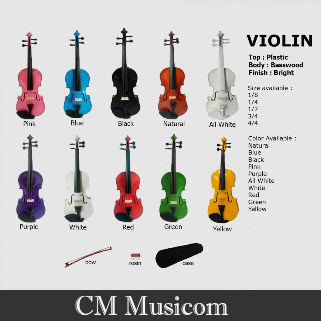 Violin With Case, Rosin & Bow 1/4, 1/2, 3/4, 4/4 (Pink/Red/White/Yellow ...
