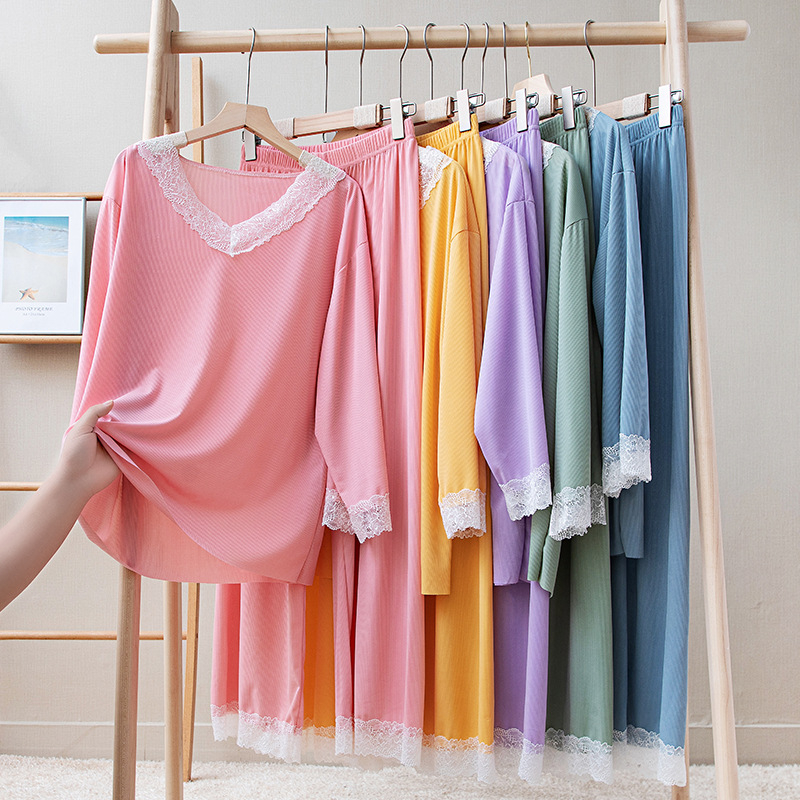 Pyjamas Lace Set Ice Slik V-Neck Sleepwear Pijamas Women Comfortable ...